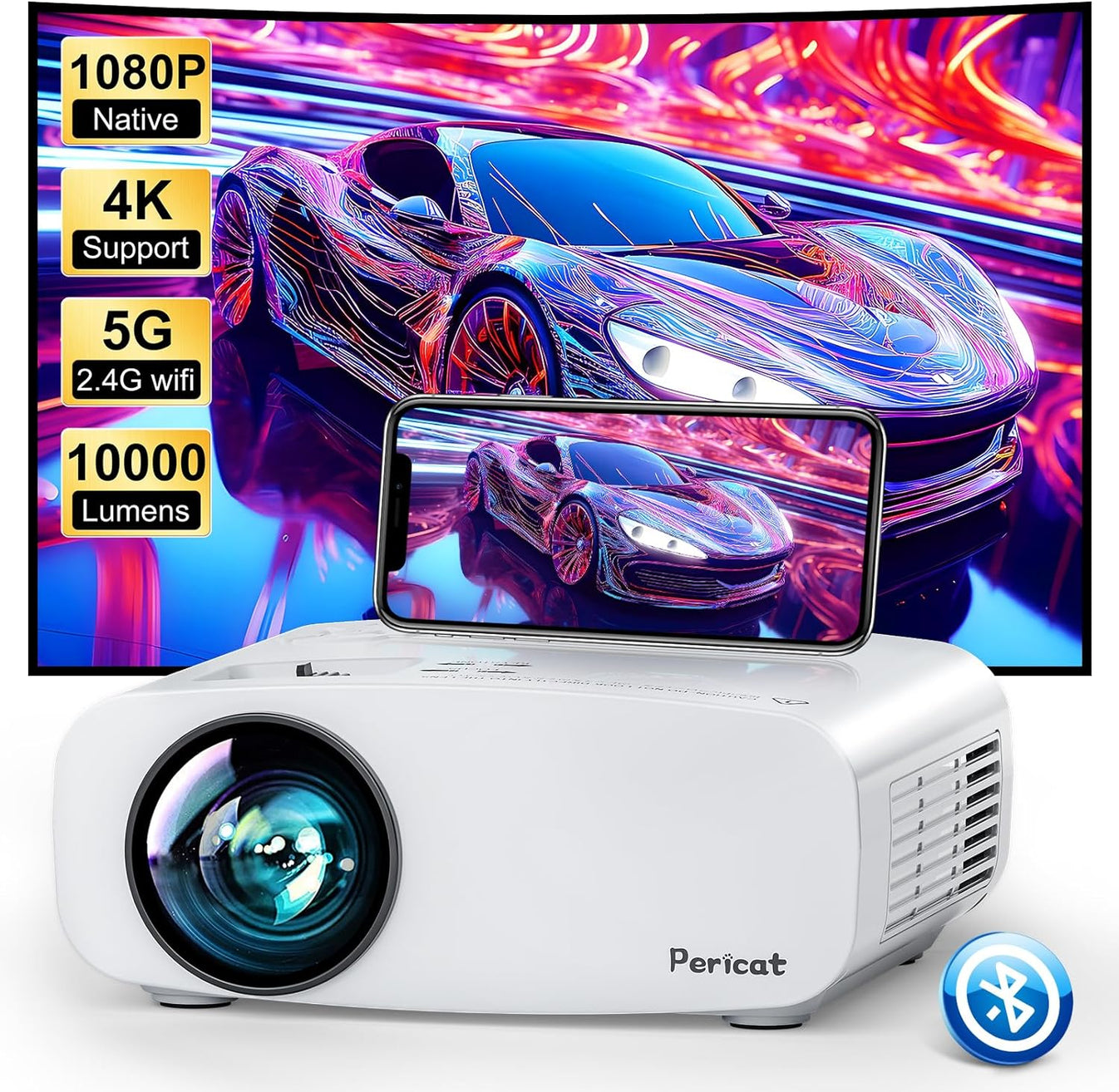 Pericat 5G WiFi Projector Bluetooth,10000L Native 1080P Outdoor Portab